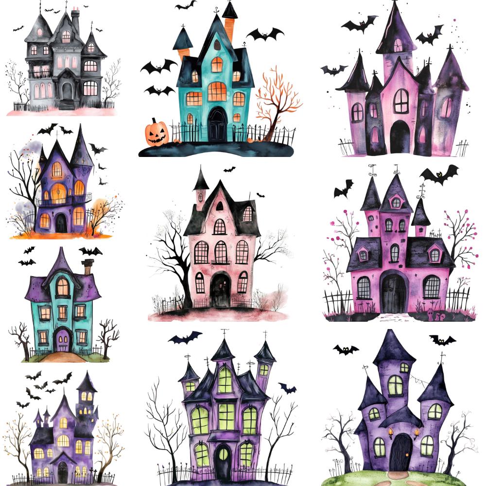 10 Halloween Haunted House Watercolor Clipart Graphics - Printable PNG ...