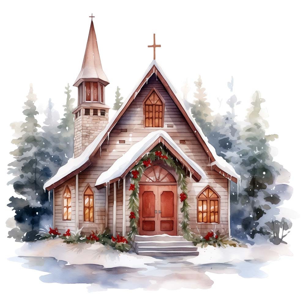 10 Christmas Church Watercolor Clipart Graphics Printable PNG Files for ...