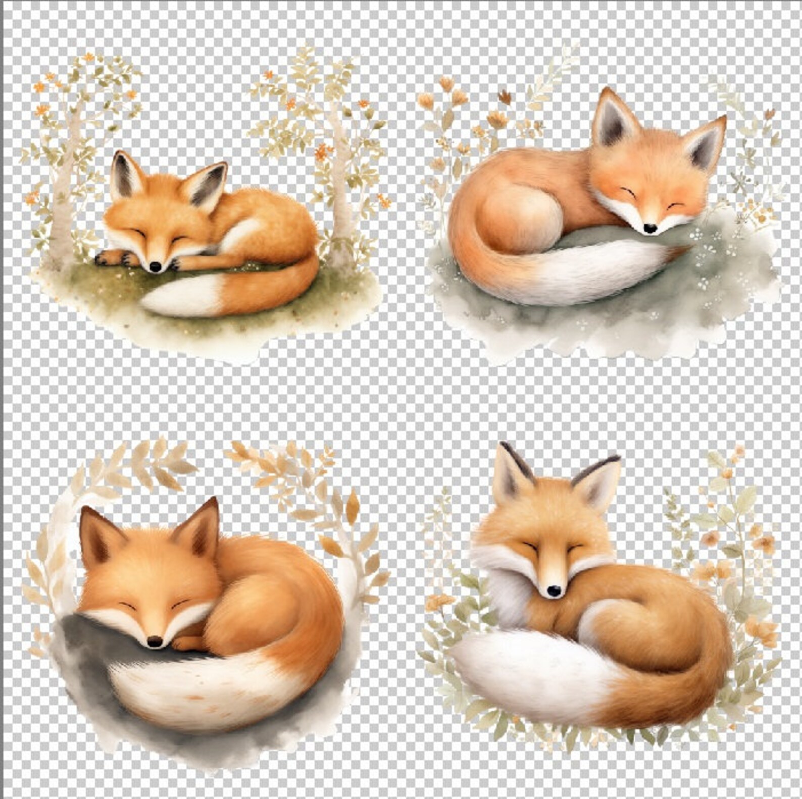 4 Cute Sleeping Fox Clipart Watercolor Graphics PNG Files for ...