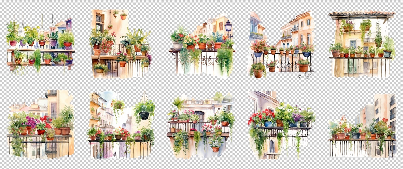 10 Watercolor Urban Balcony Garden Clipart Graphics - Printable PNG ...