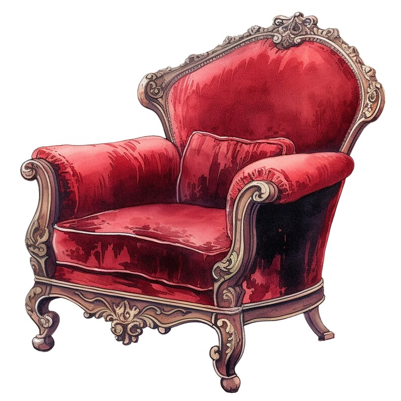 10 Watercolor Antique Red Velvet Arm Chair Furniture Clipart - Etsy