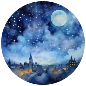 10 Watercolor Night Landscape Circle Clipart Graphics - Printable Round ...