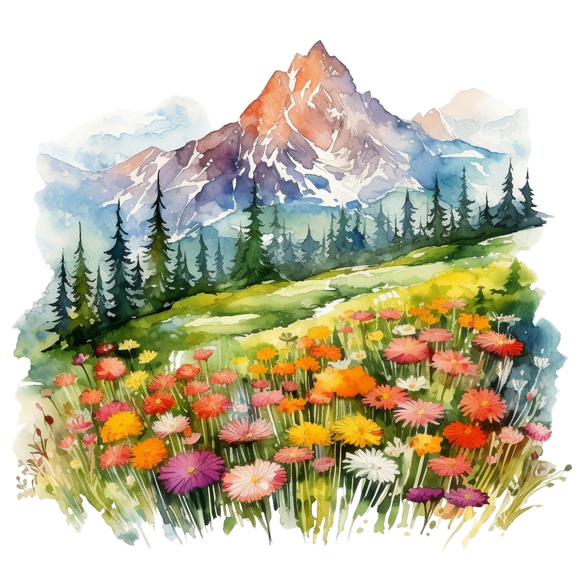 10 Watercolor Alpine Flowers Scenery Clipart Digital Download PNG Files ...