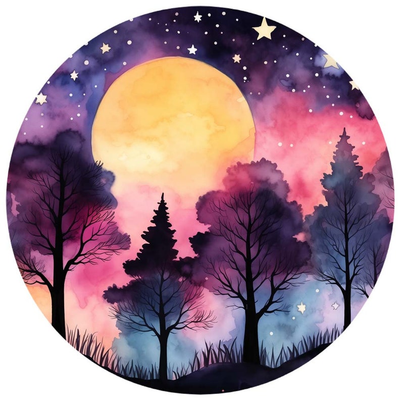 10 Starry Night Silhouette Trees Watercolor Clipart Graphics Printable ...