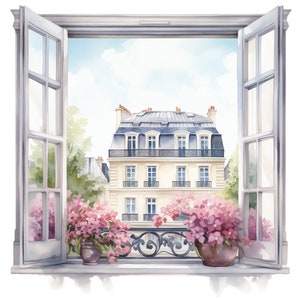 10 Paris Window View Vol. 2 Watercolor Clipart Graphics - Printable PNG ...