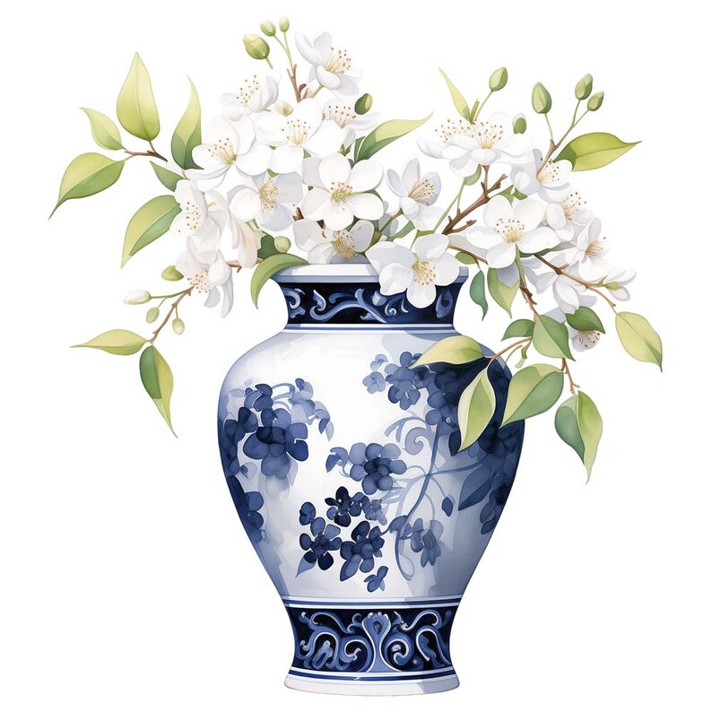 10 Chinoiserie Vase With Flowers Watercolor Clipart Digital Download ...
