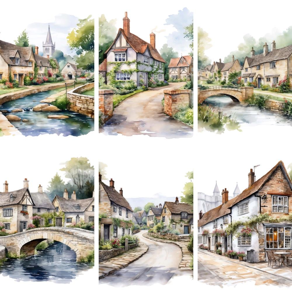 6 Watercolor English Village Clipart Graphics - Printable PNG Files ...