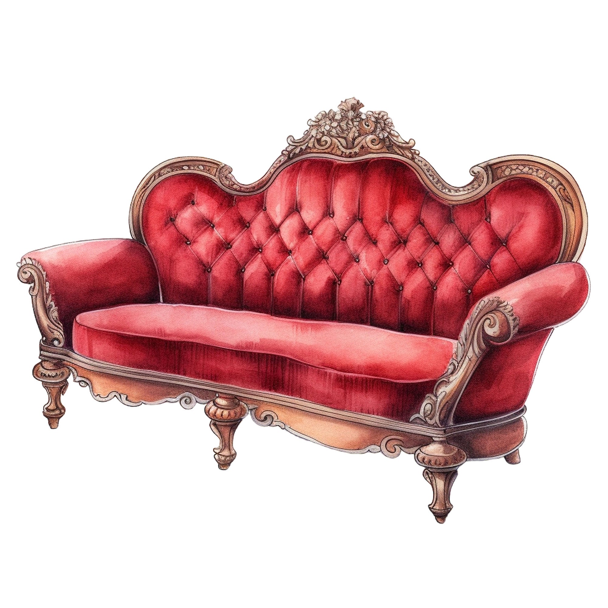 10 Watercolor Antique Red Velvet Sofa Furniture Clipart Digital PNG ...