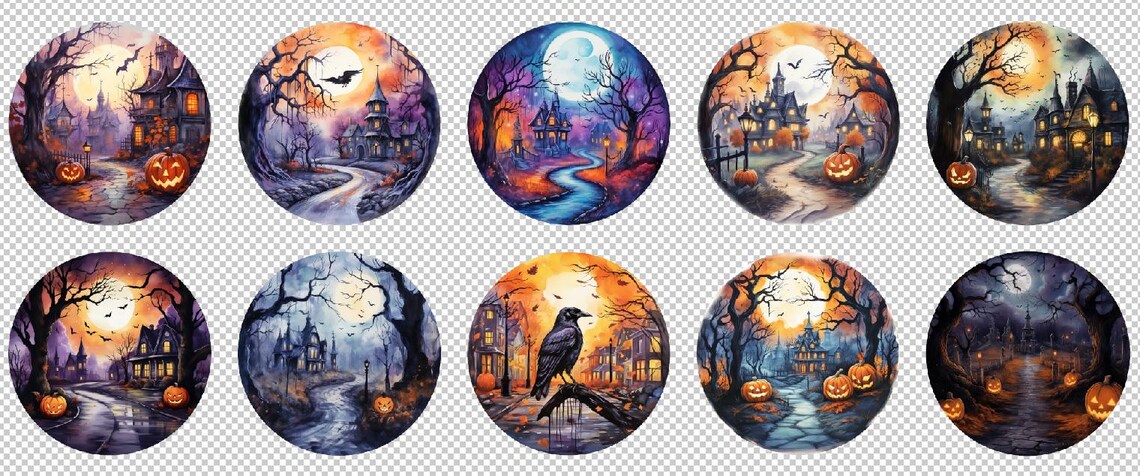 10 Watercolor Halloween Clipart Circle Graphics Bundle Printable PNG ...