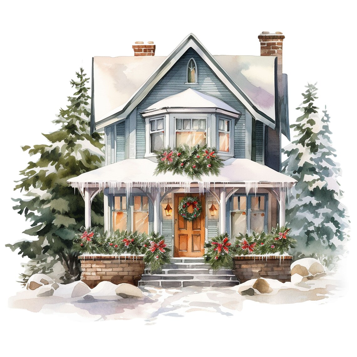 10 Watercolor Winter Holiday Houses Clipart Graphics - Printable PNG ...