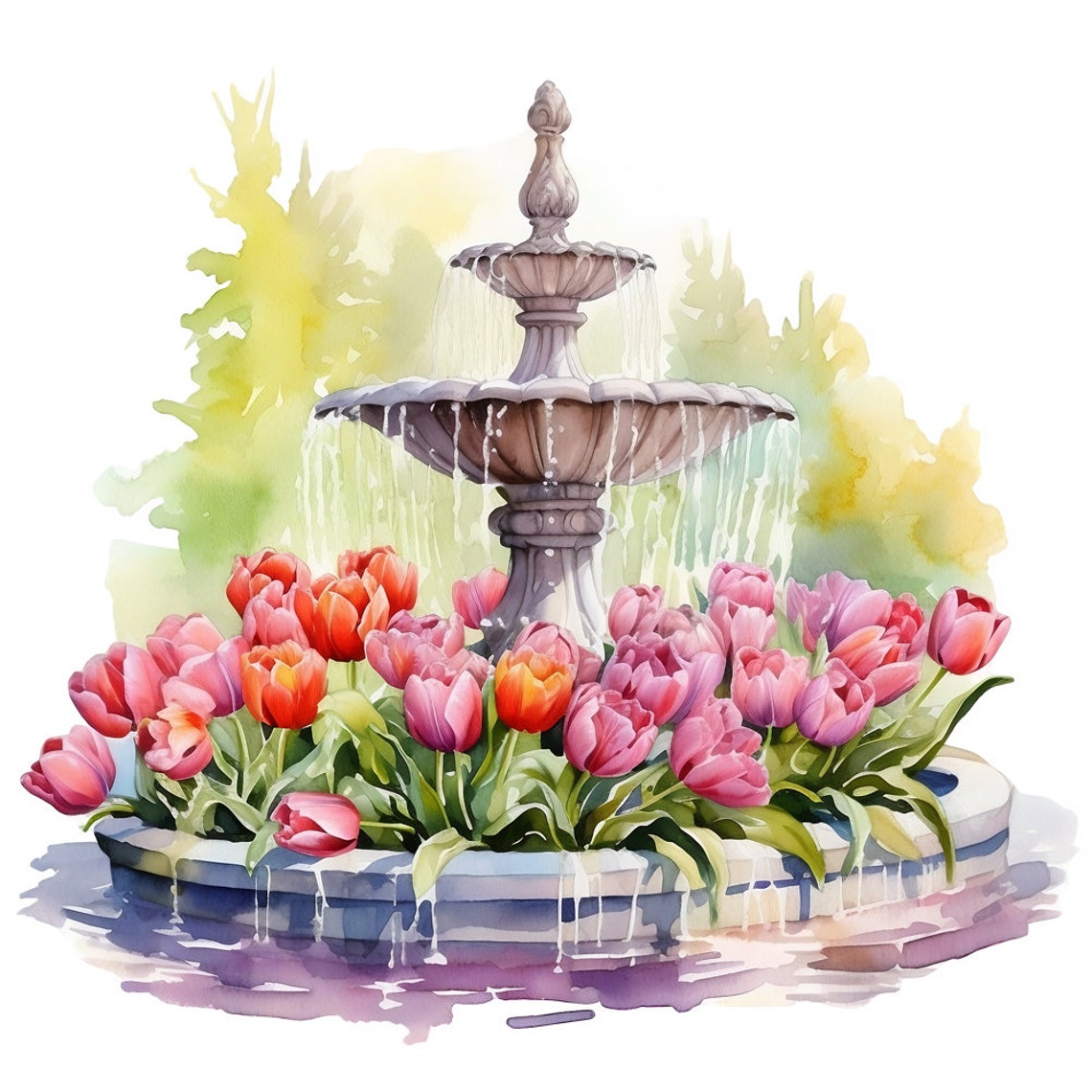 10 Garden Fountain Watercolor Clipart Graphics Printable PNG Files ...