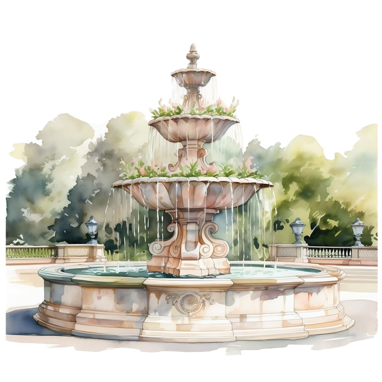 10 Garden Fountain Watercolor Clipart Graphics Printable PNG Files ...