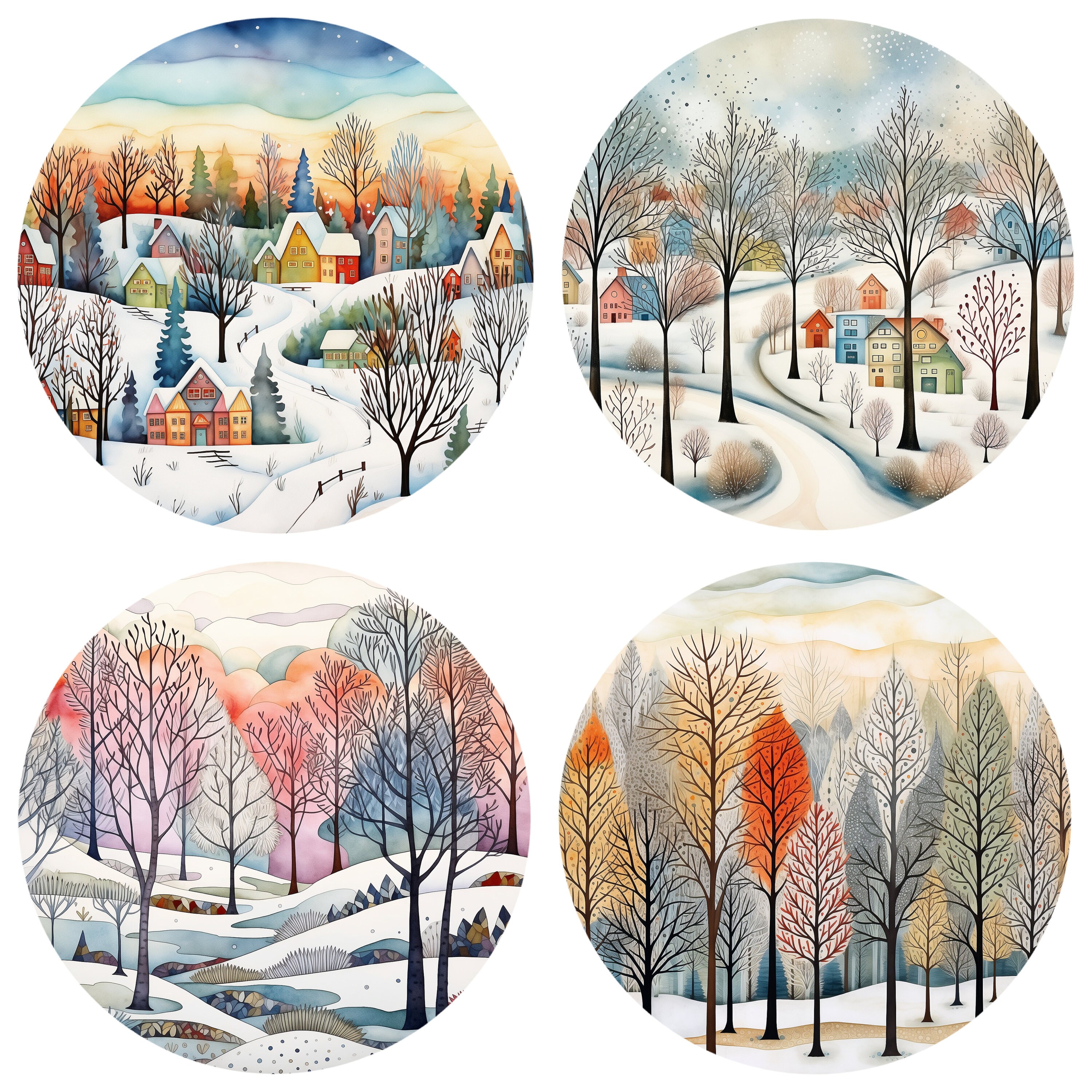 10 Folk Art Winter Landscape Watercolor Clipart – PNG Circle Graphics ...