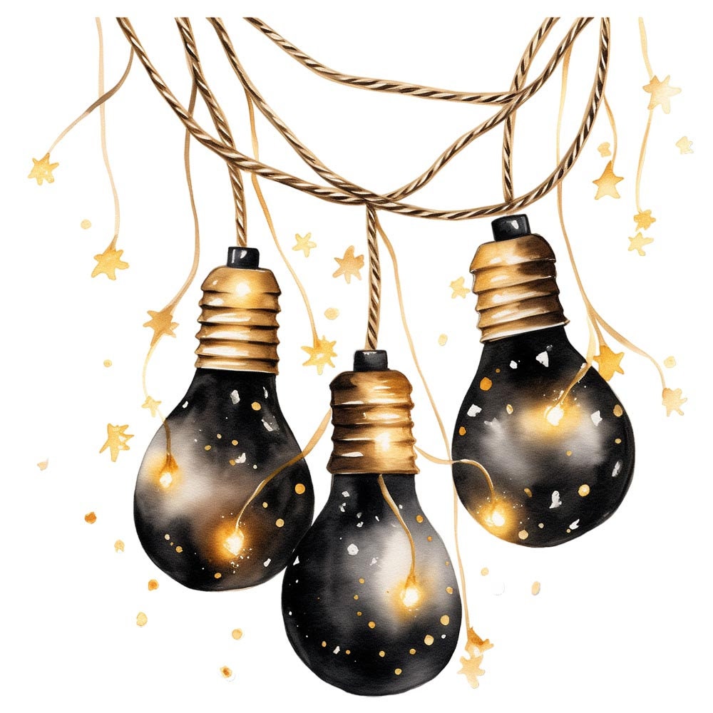 10 New Year's Black and Gold String Bulb Lights Watercolor Clipart ...