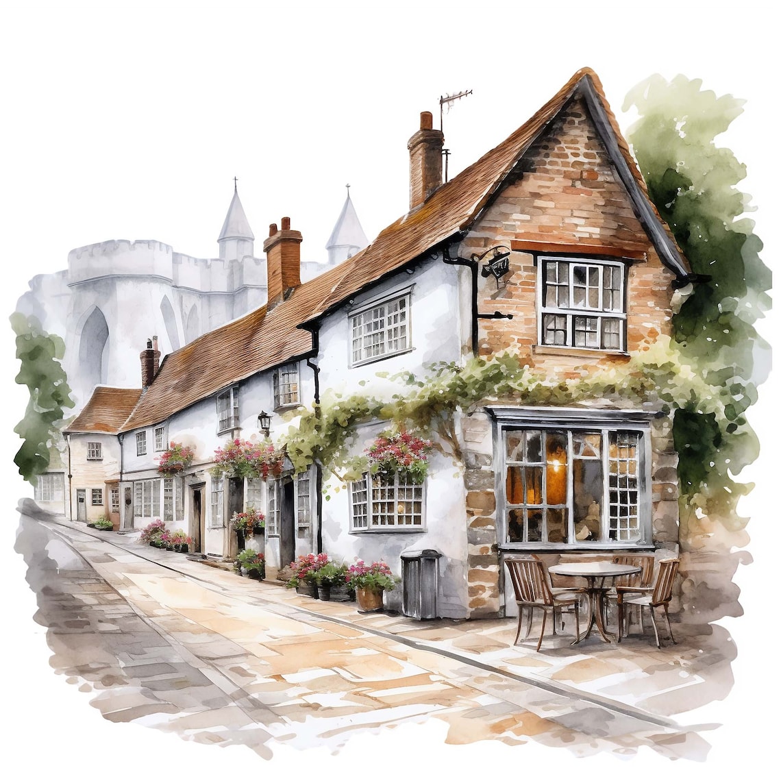 6 Watercolor English Village Clipart Graphics Printable PNG Files for ...