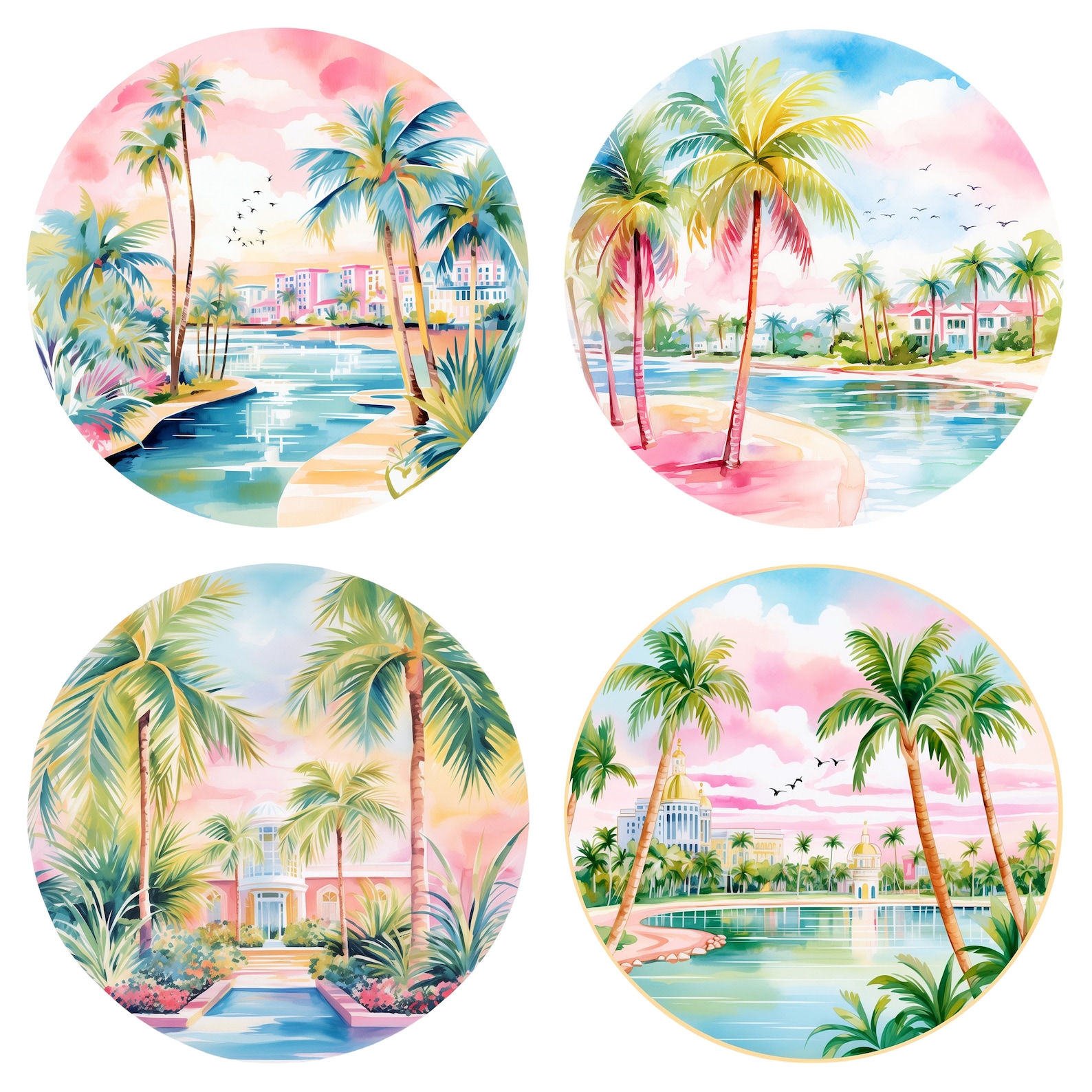 10 Preppy Palm Beach Watercolor Clipart Circle Graphics - Printable PNG ...
