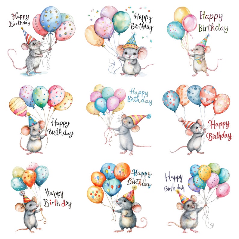 10 Cute Happy Birthday Mouse Watercolor Graphics Clipart Bundle Digital ...