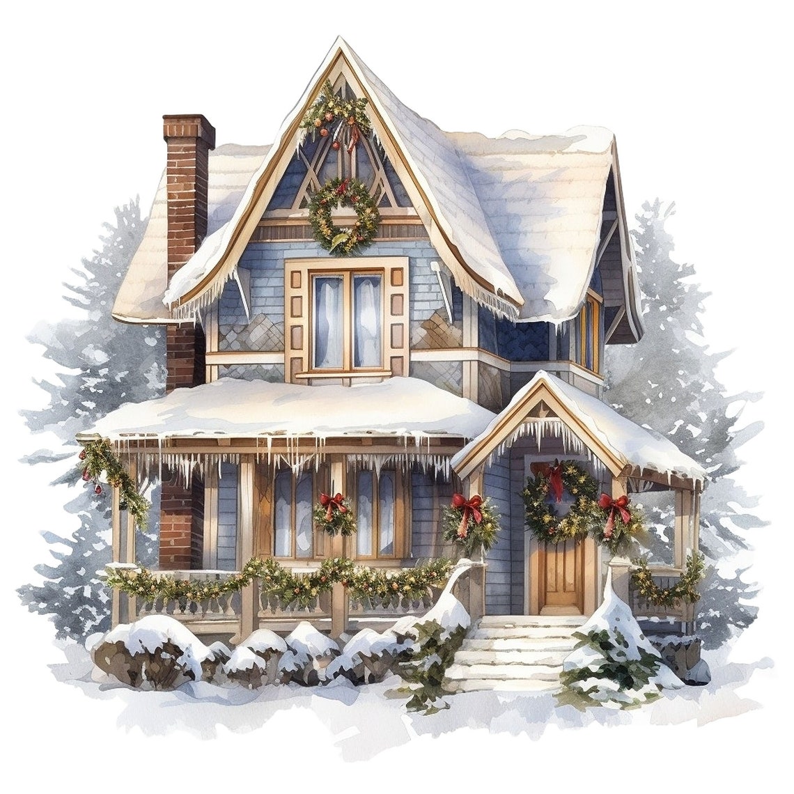 10 Watercolor Winter Holiday Houses Clipart Graphics Printable PNG ...