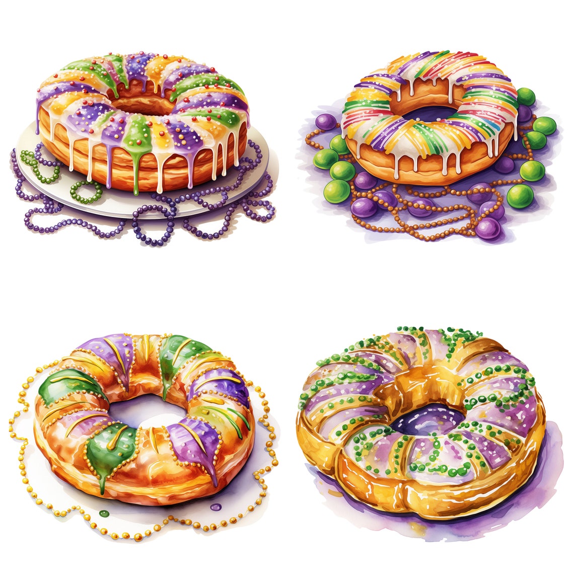 12 Watercolor Mardi Gras King Cake Clipart Graphics Bundle Digital PNG ...