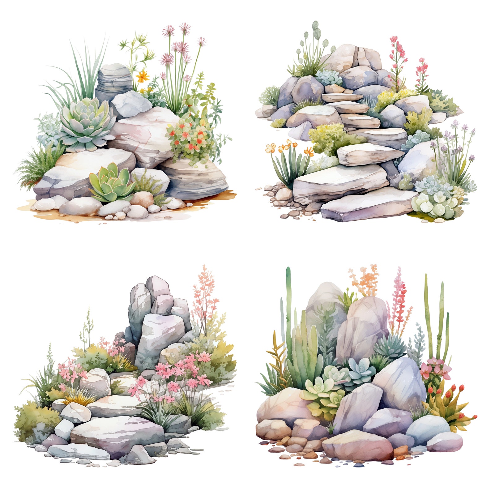10 Watercolor Rock Garden Clipart Graphics Bundle - Printable PNG Files ...