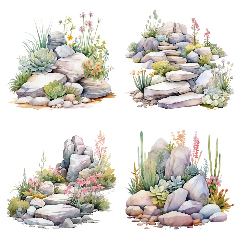 10 Watercolor Rock Garden Clipart Graphics Bundle - Printable PNG Files ...