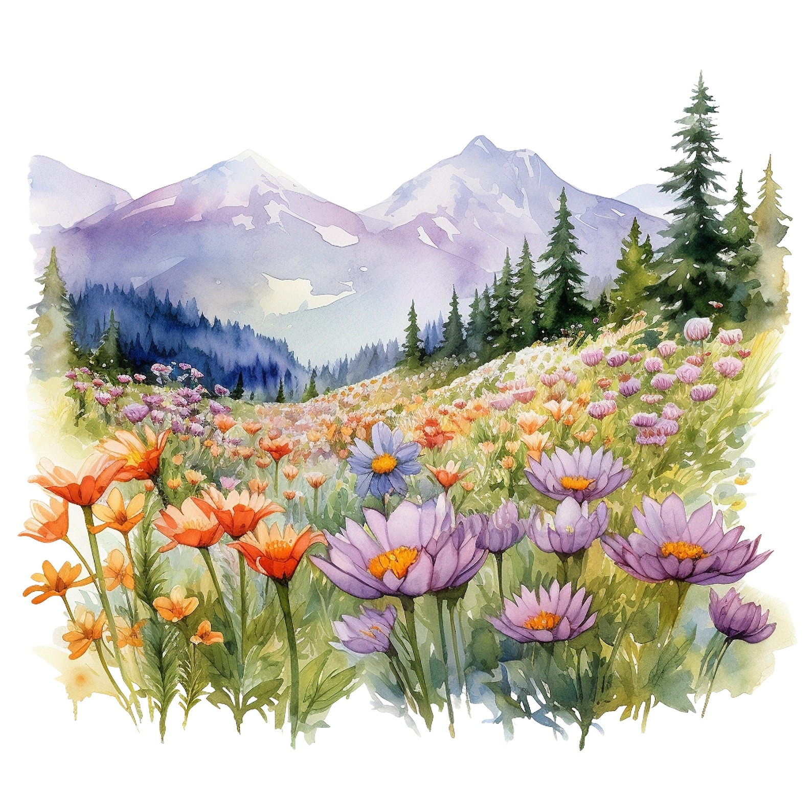 10 Watercolor Alpine Flowers Scenery Clipart – Printable PNG Files ...