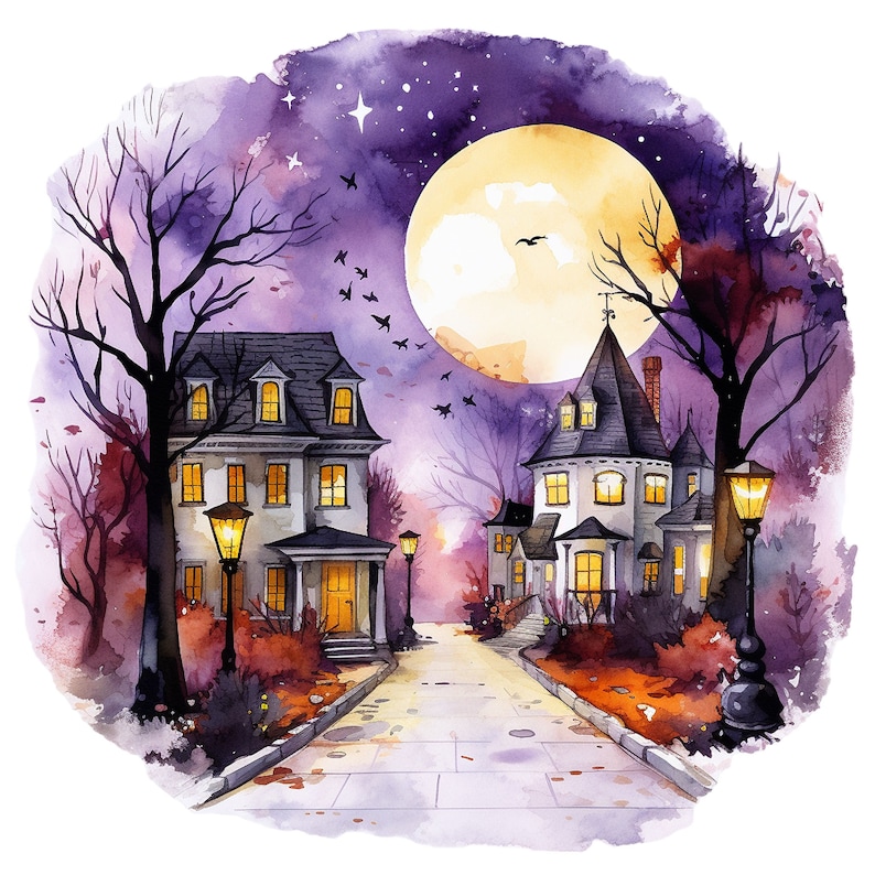 10 Cute Halloween Street Watercolor Clipart Graphics Printable PNG ...