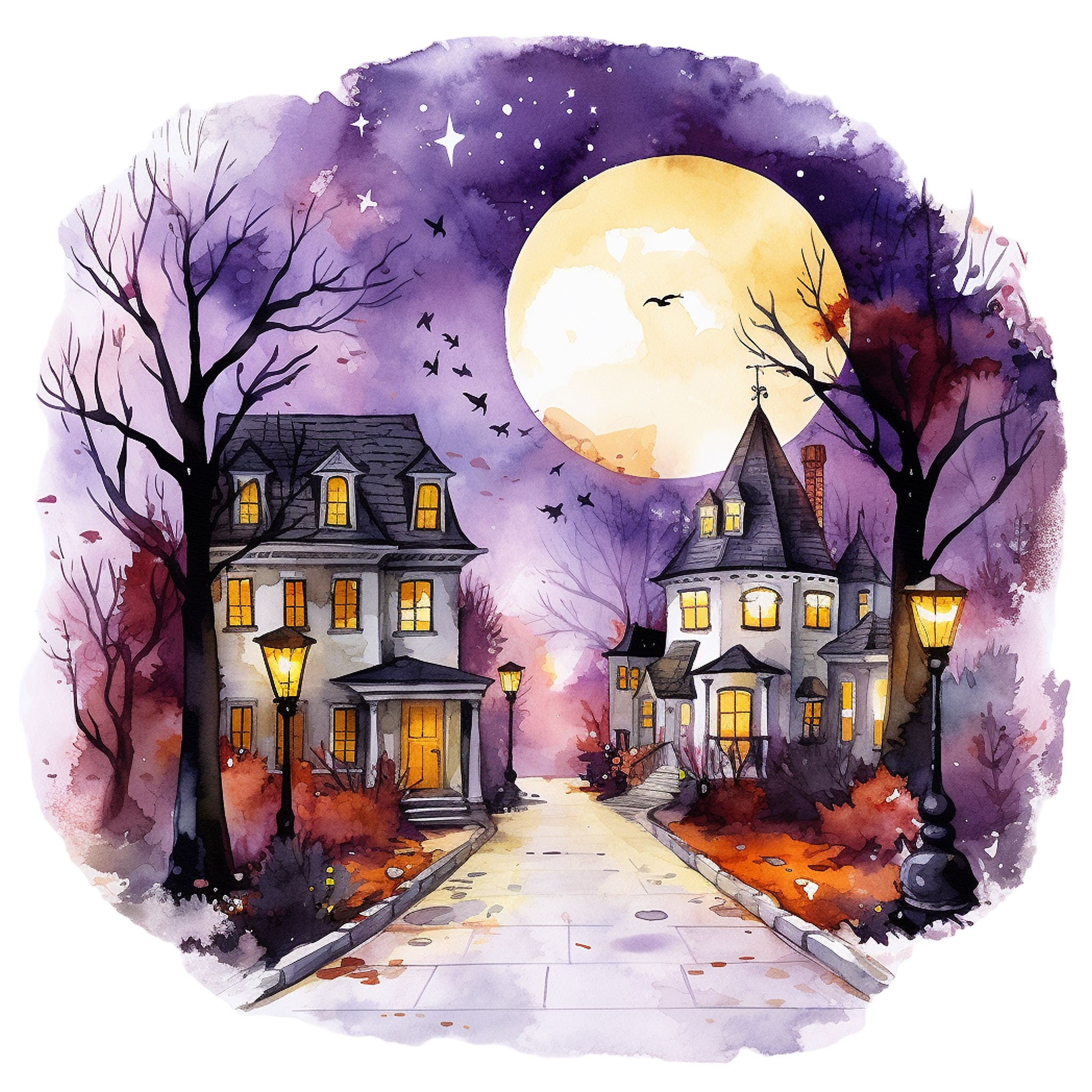 10 Spooky Halloween Street Watercolor Clipart Graphics - Printable PNG ...