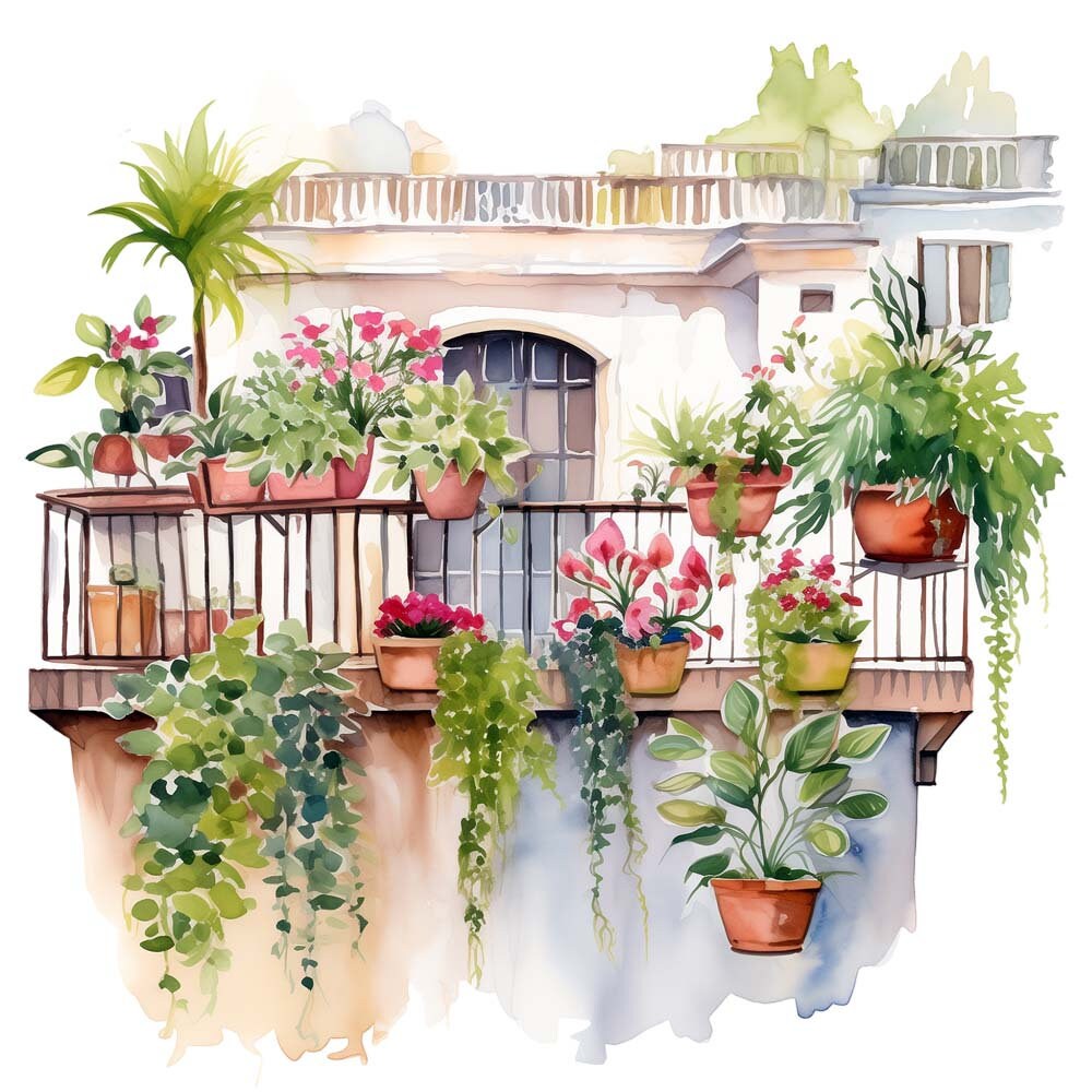 10 Watercolor Urban Balcony Garden Clipart Graphics - Printable PNG ...