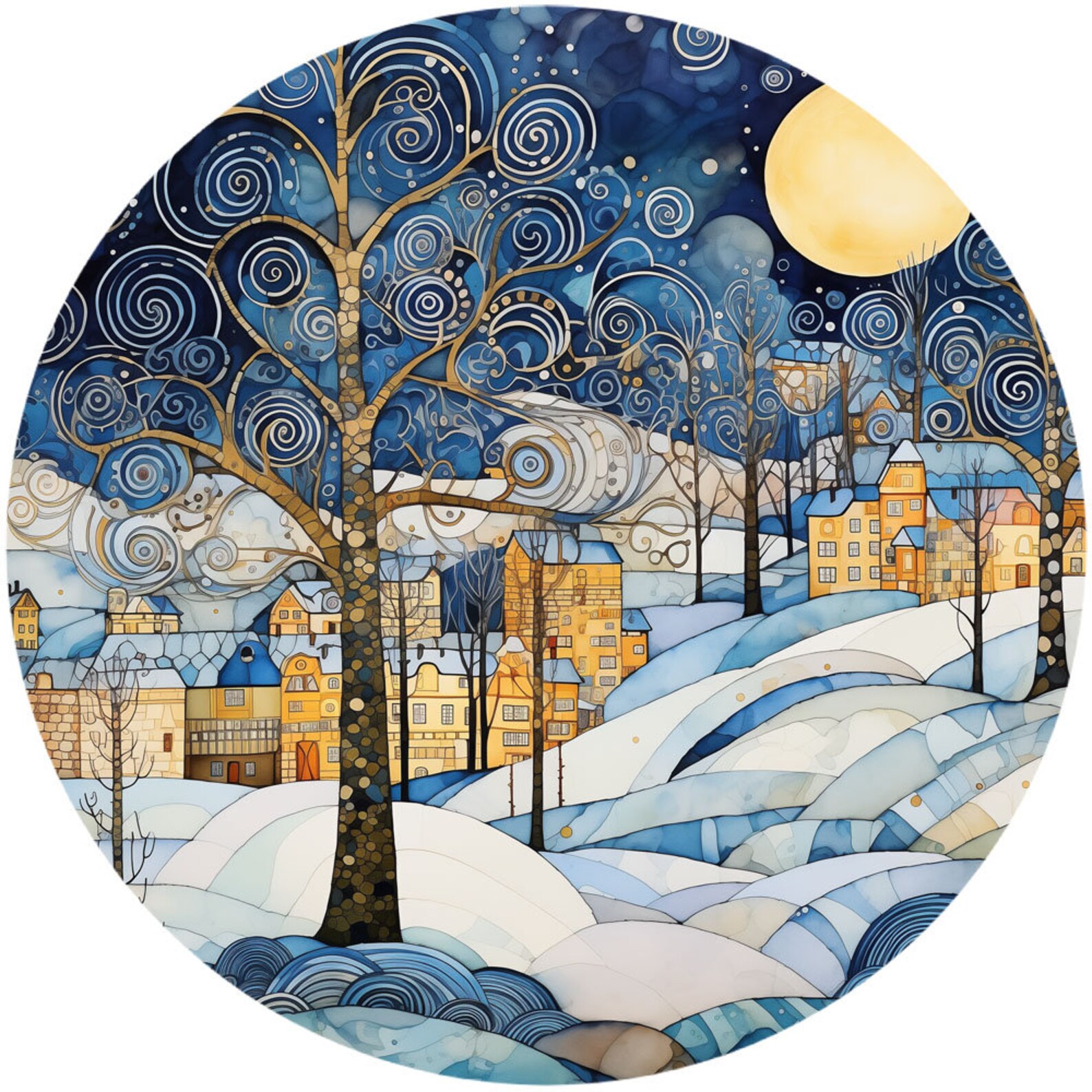 10 Watercolor Klimt Inspired Winter Landscape Circle Clipart Graphics ...