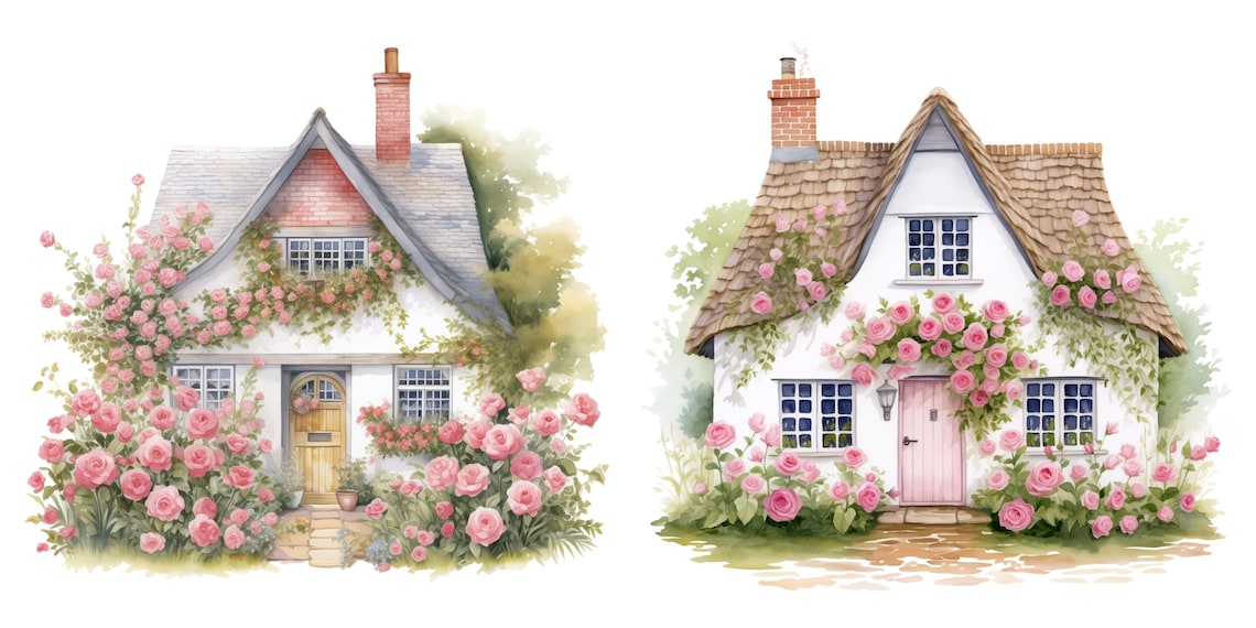 10 Cute Rose Cottage Clipart Watercolor Graphics Bundle Printable PNG ...