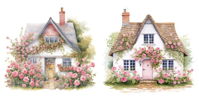 10 Cute Rose Cottage Clipart Watercolor Graphics Bundle Printable PNG Files Transparent ...