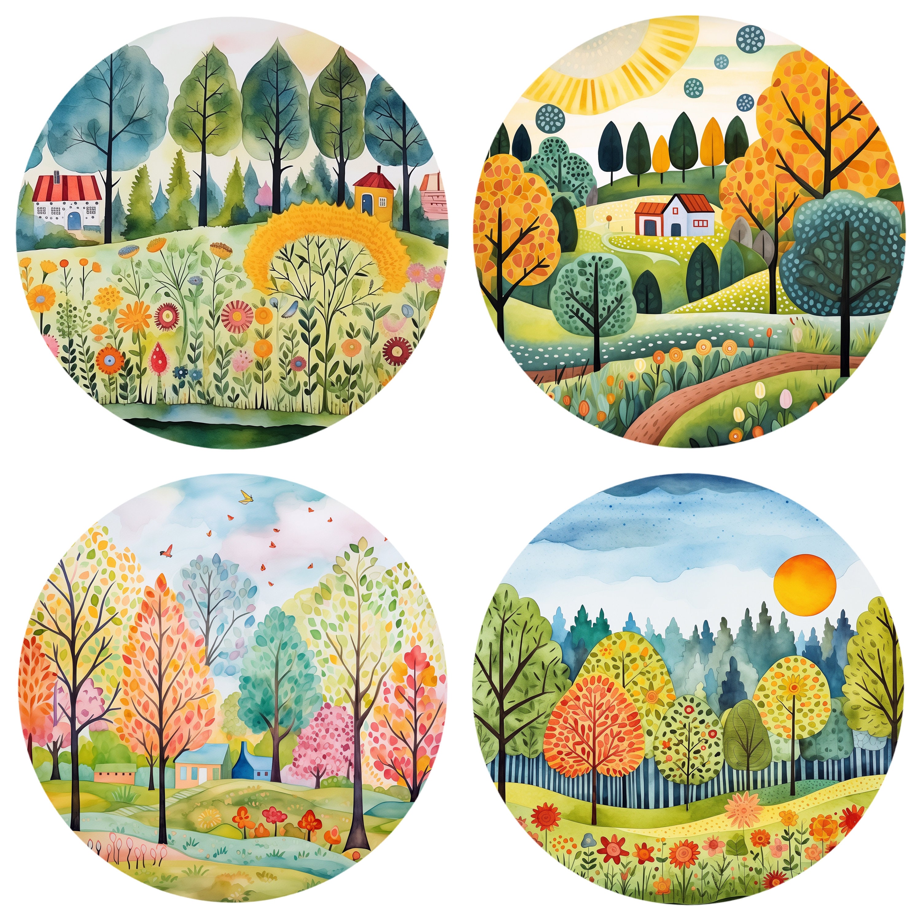 10 Folk Art Summer Landscape Watercolor Clipart Circle Graphics ...