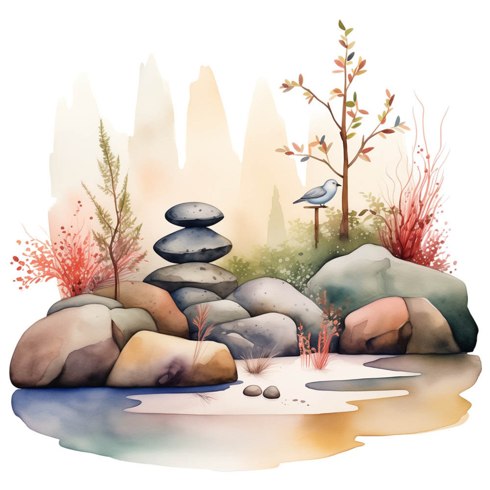 10 Watercolor Zen Rock Garden Clipart Graphics Printable PNG Files for ...