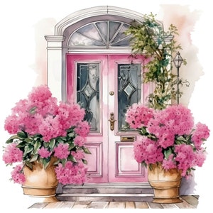 9 Watercolor Pink Doors With Flowers Clipart Graphics - Printable PNG ...