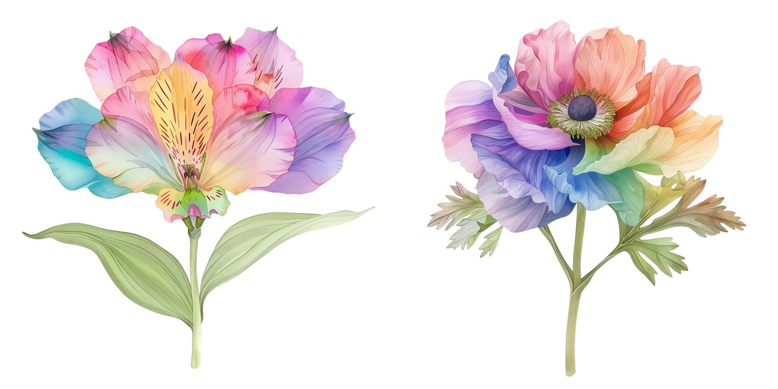 10 Watercolor Pastel Rainbow Flowers Clipart - Printable PNG Files ...