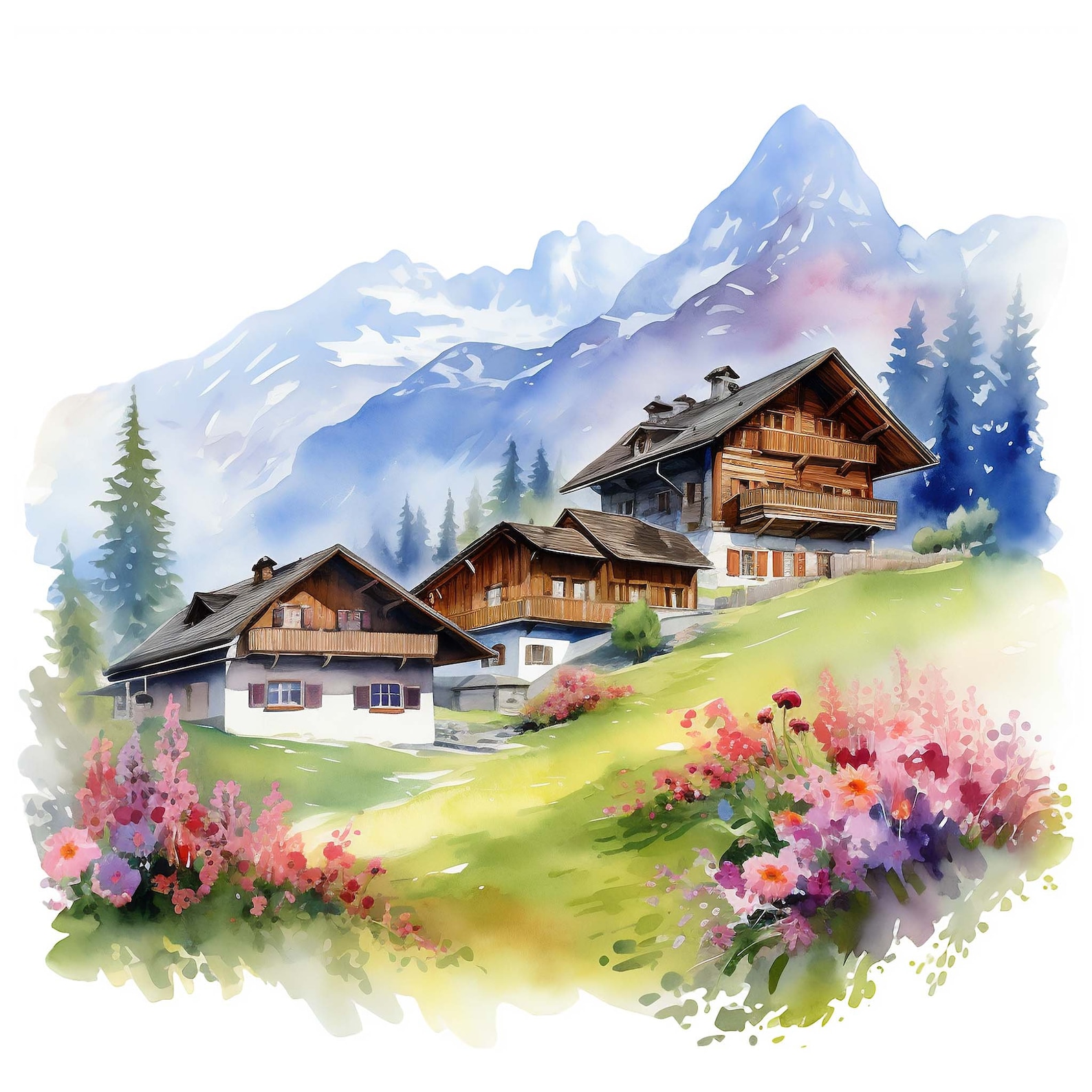 6 Watercolor Swiss Village Clipart Graphics - Printable PNG Files ...