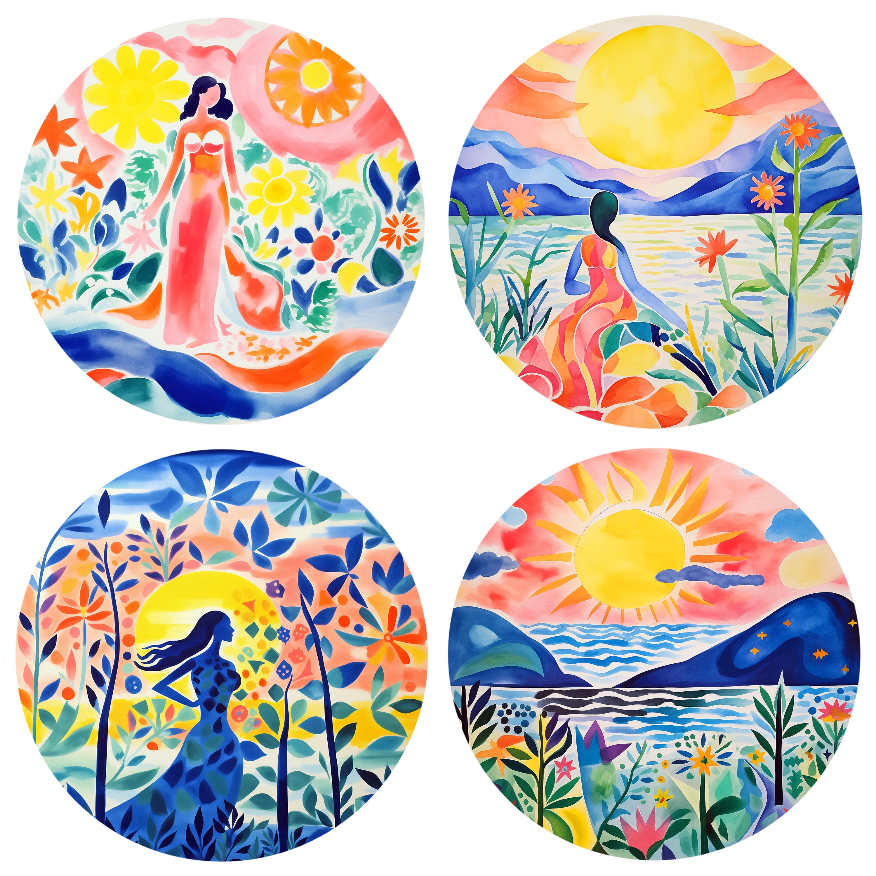 10 Matisse Inspired Summer Solstice Watercolor Circle Clipart - PNG ...