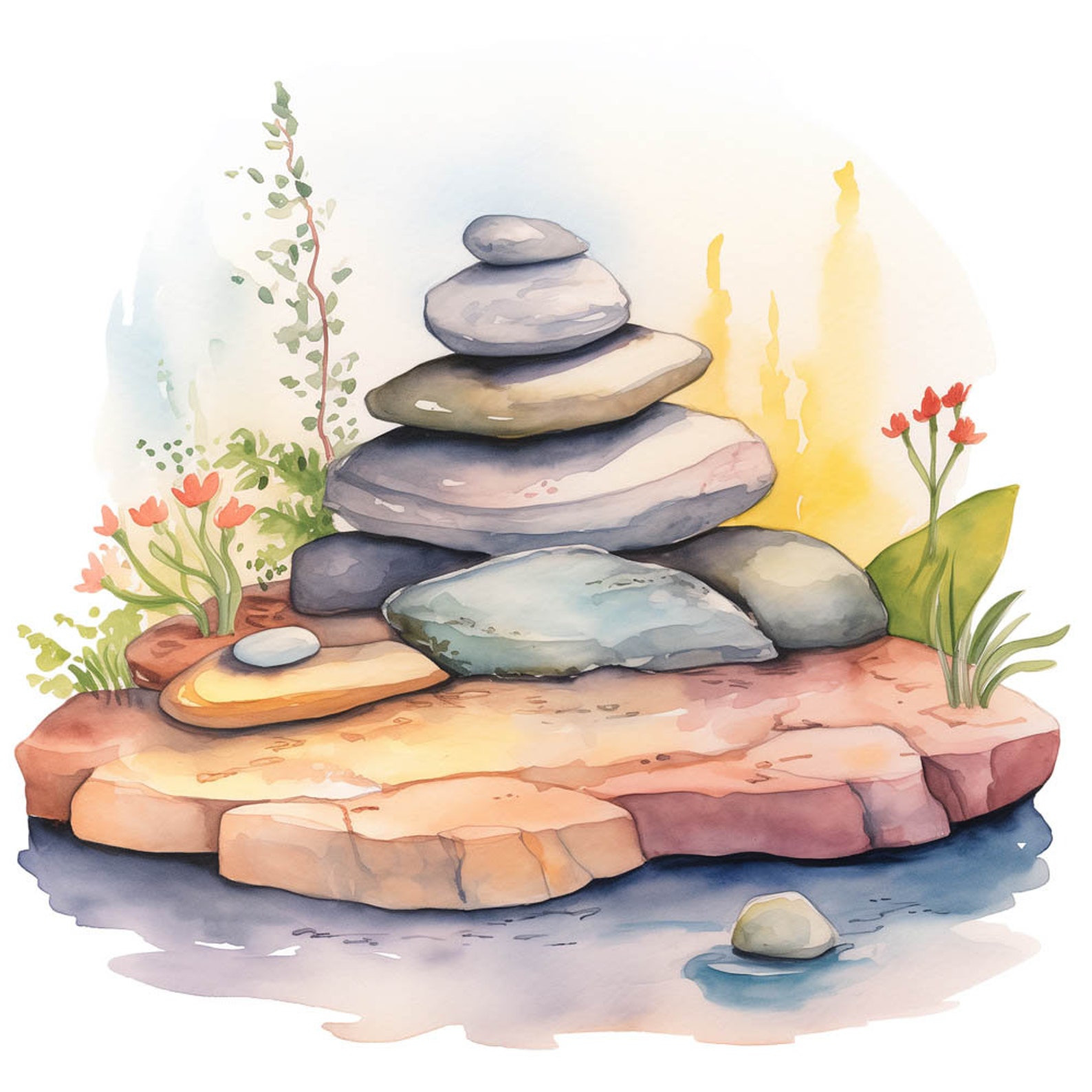 10 Watercolor Zen Rock Garden Clipart Graphics Printable PNG Files for ...