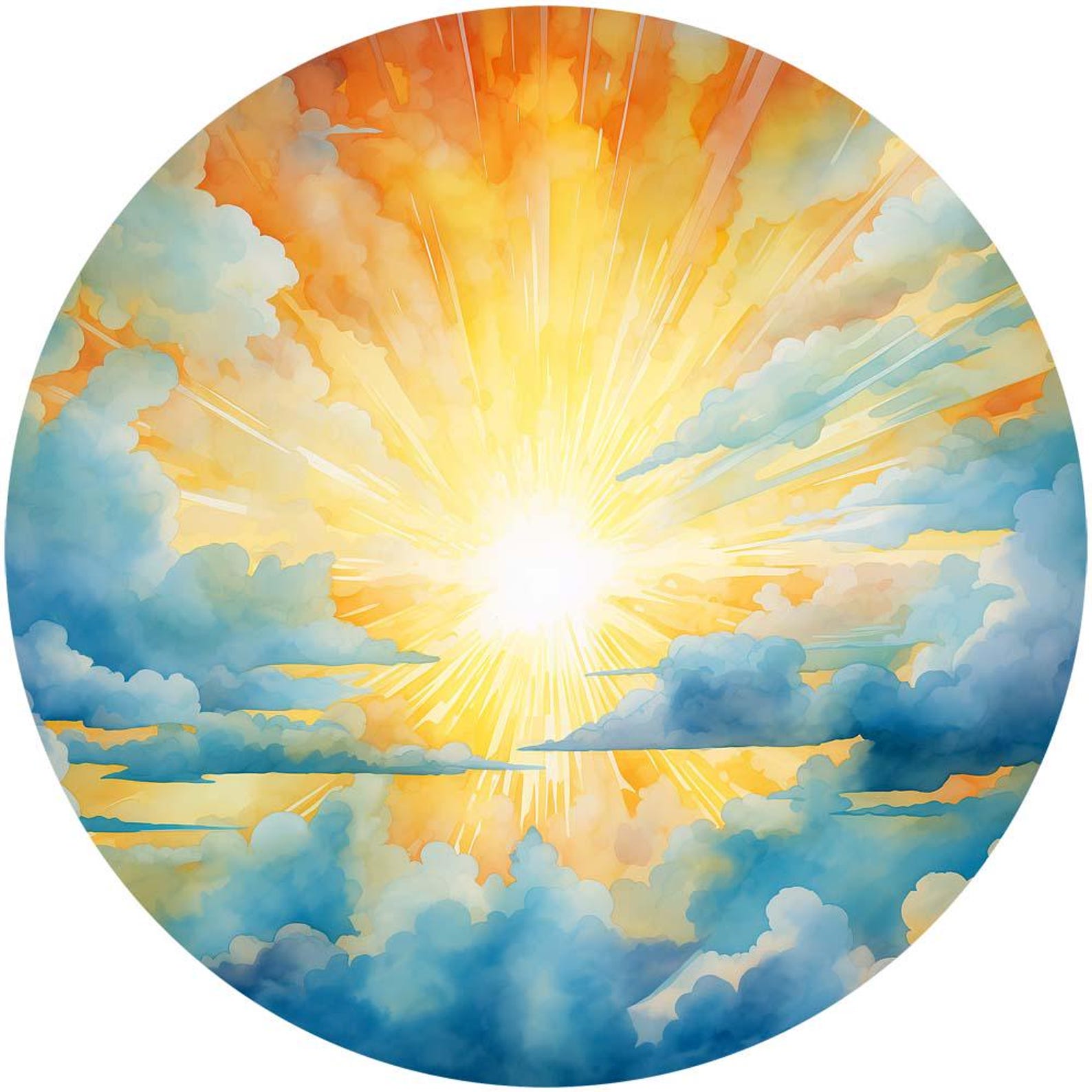 10 Watercolor Sun Rays & Clouds Circle Clipart – Transparent PNG ...