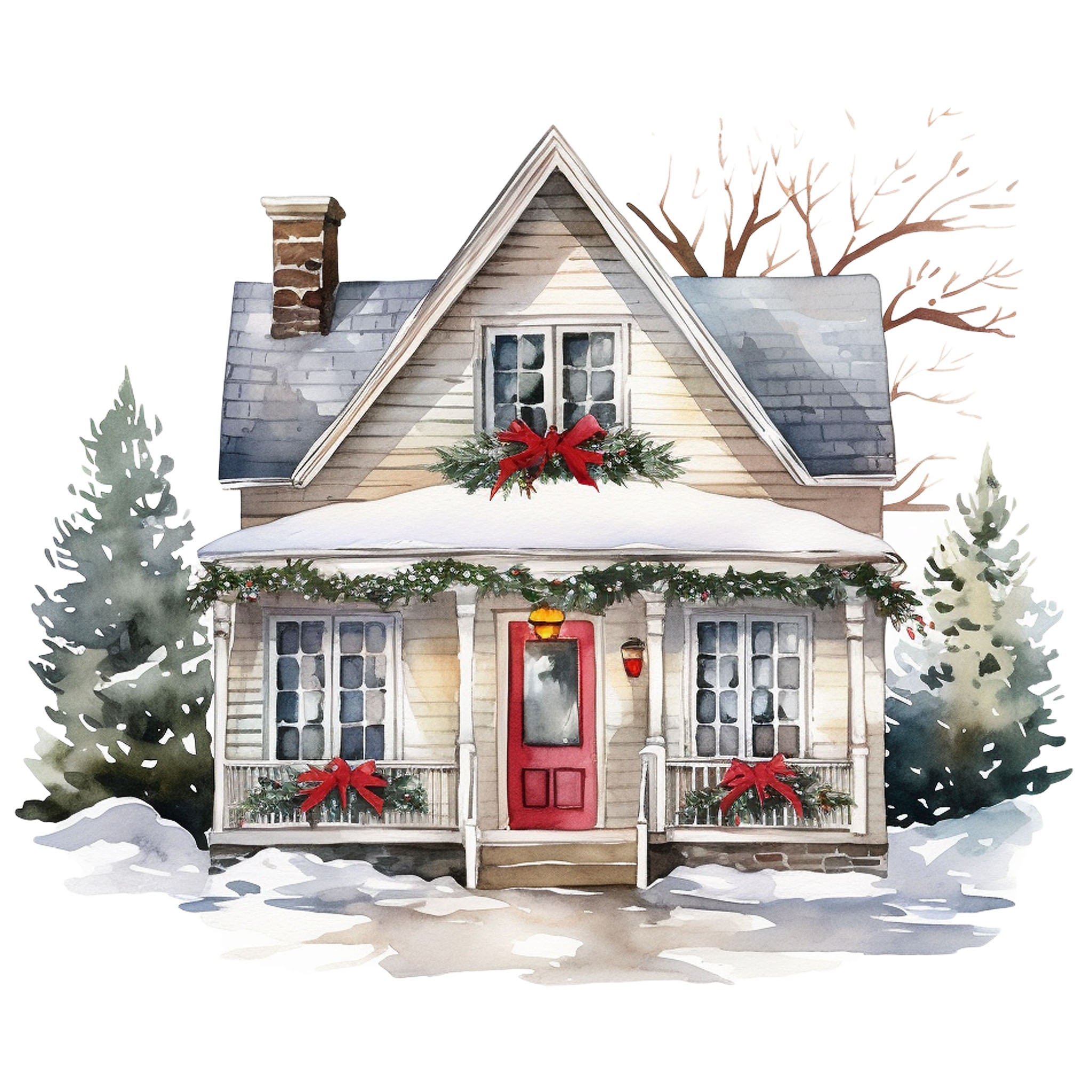 10 Watercolor Winter Holiday Houses Clipart Graphics - Printable PNG ...