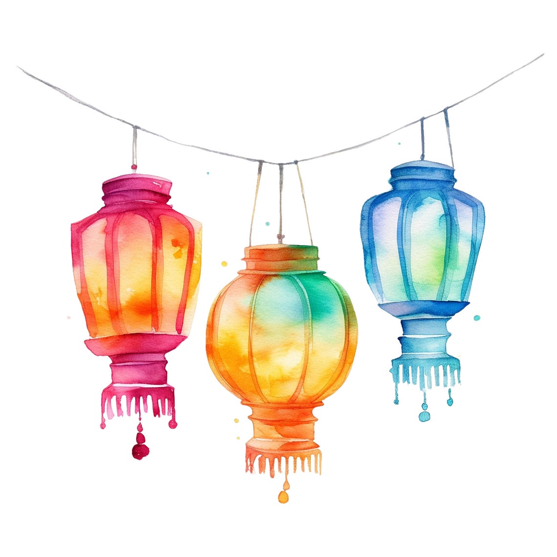 16 Party Lanterns Clipart Watercolor Graphics Digital - Etsy