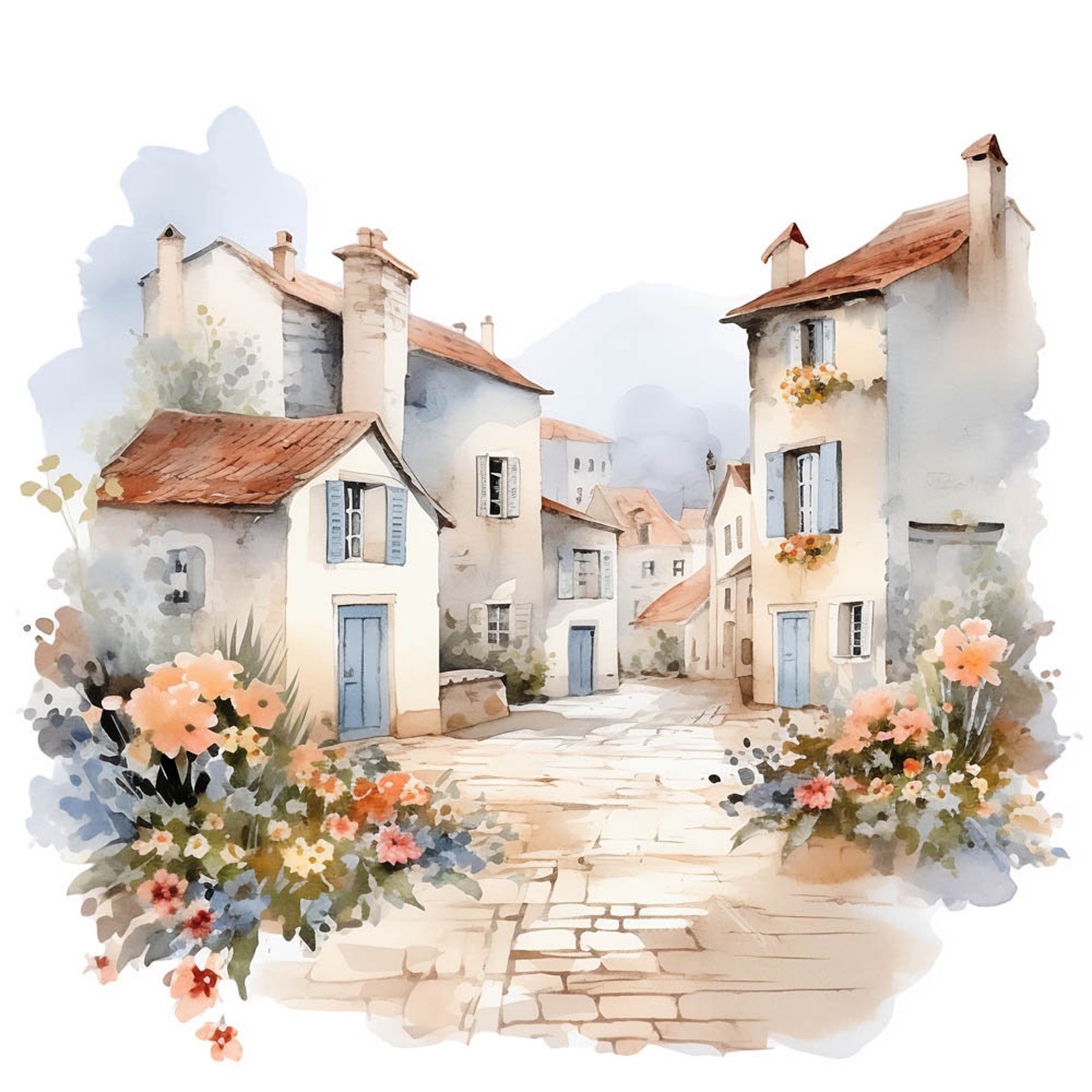 6 French Village Watercolor Clipart Graphics - Digital Download PNG ...