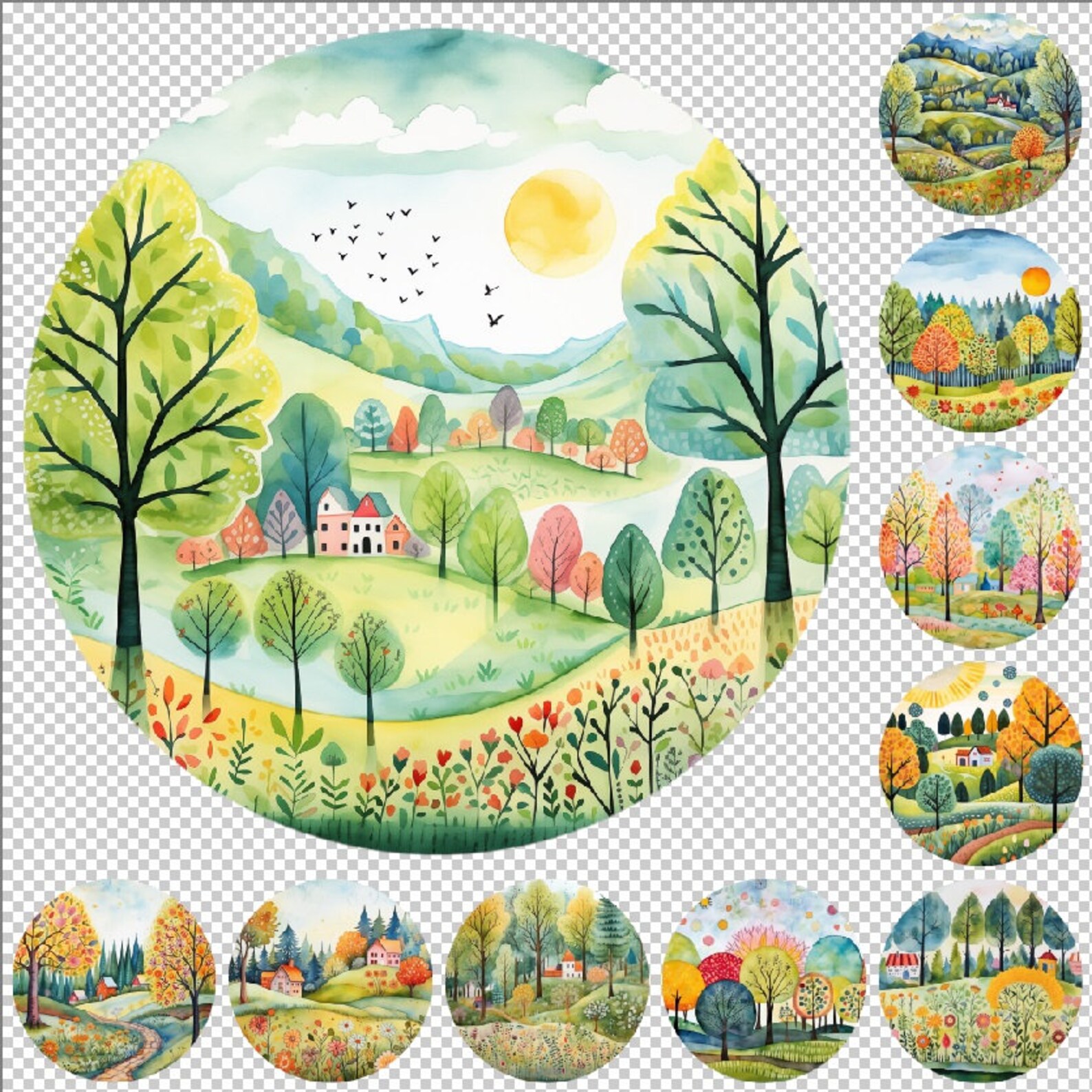 10 Folk Art Summer Landscape Watercolor Clipart Circle Graphics ...