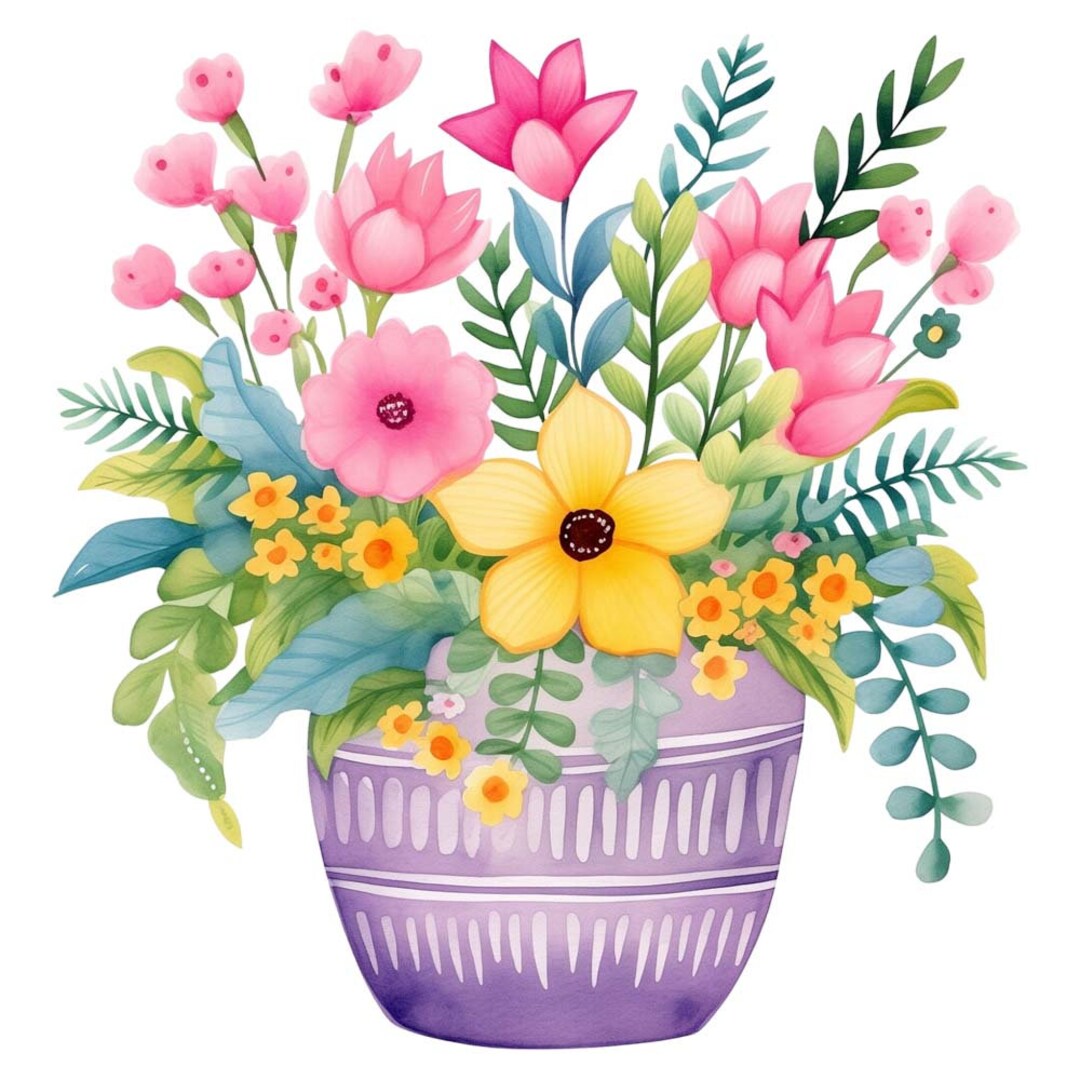12 Cute Potted Flowers Watercolor Clipart Graphics - Printable PNG ...