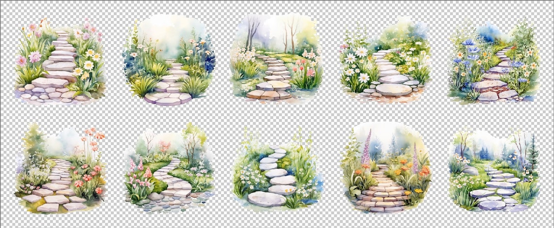 10 Watercolor Garden Stepping Stones Clipart Graphics Printable PNG ...