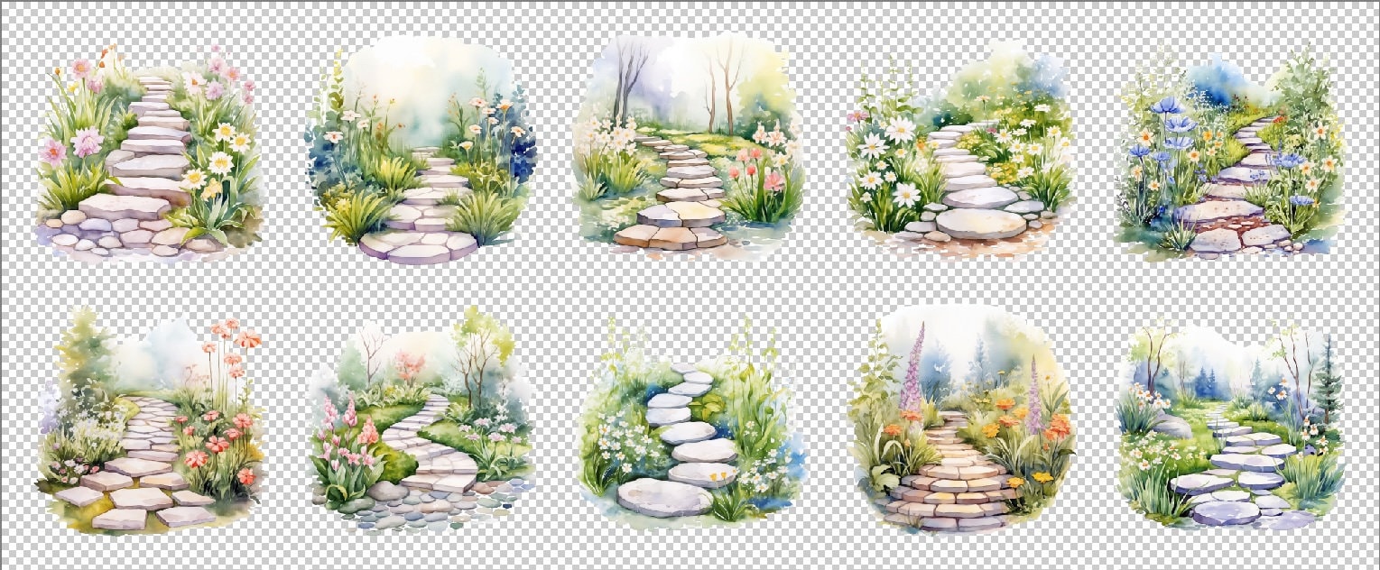 10 Watercolor Garden Stepping Stones Clipart Graphics Printable PNG ...