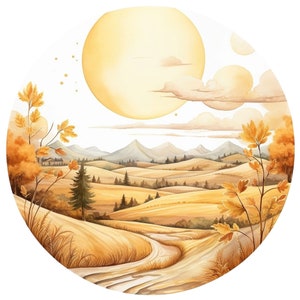 10 Autumn Harvest Moon Landscape Watercolor Clipart Graphics ...