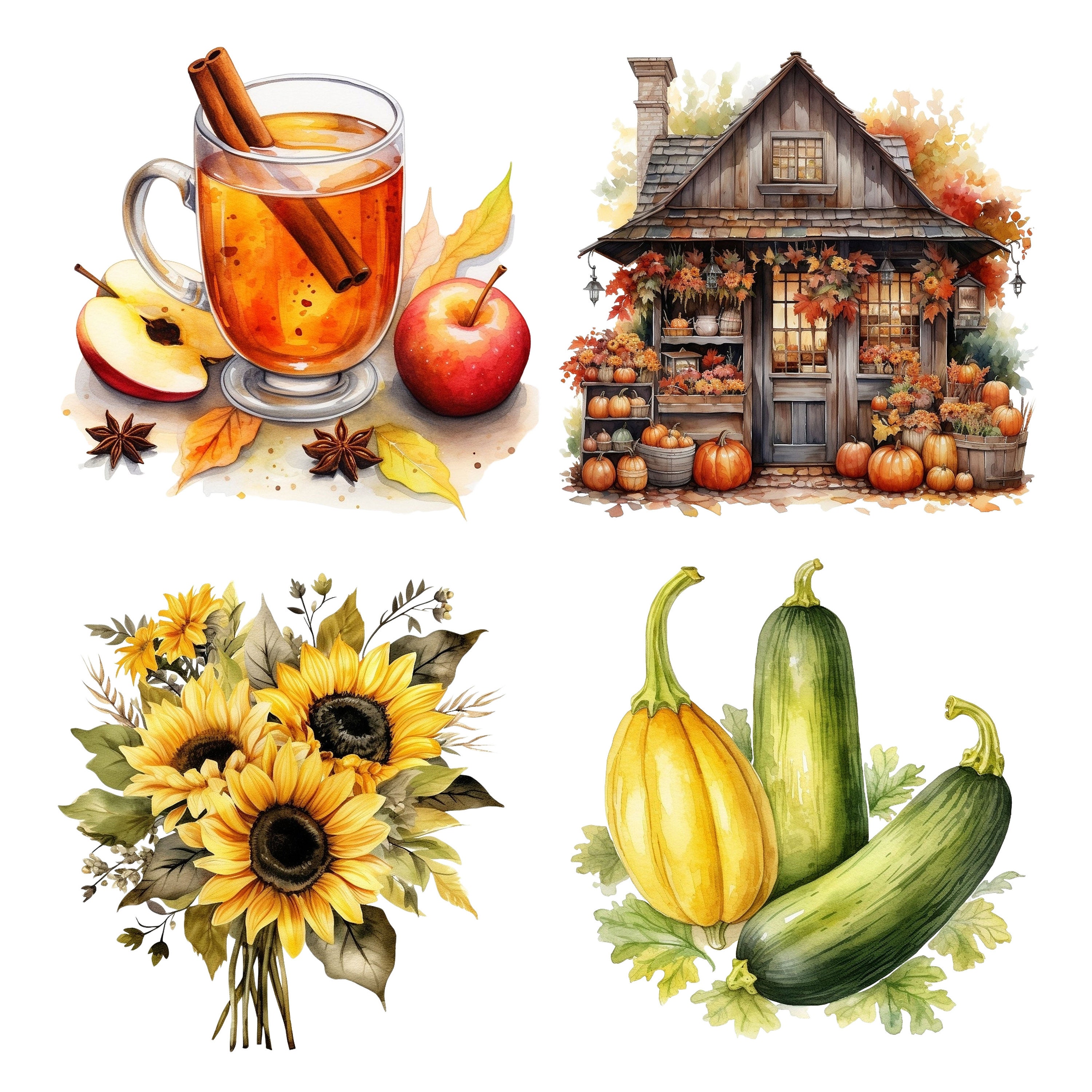 15 Watercolor Autumn Theme Clipart Graphics Digital PNG Files for ...