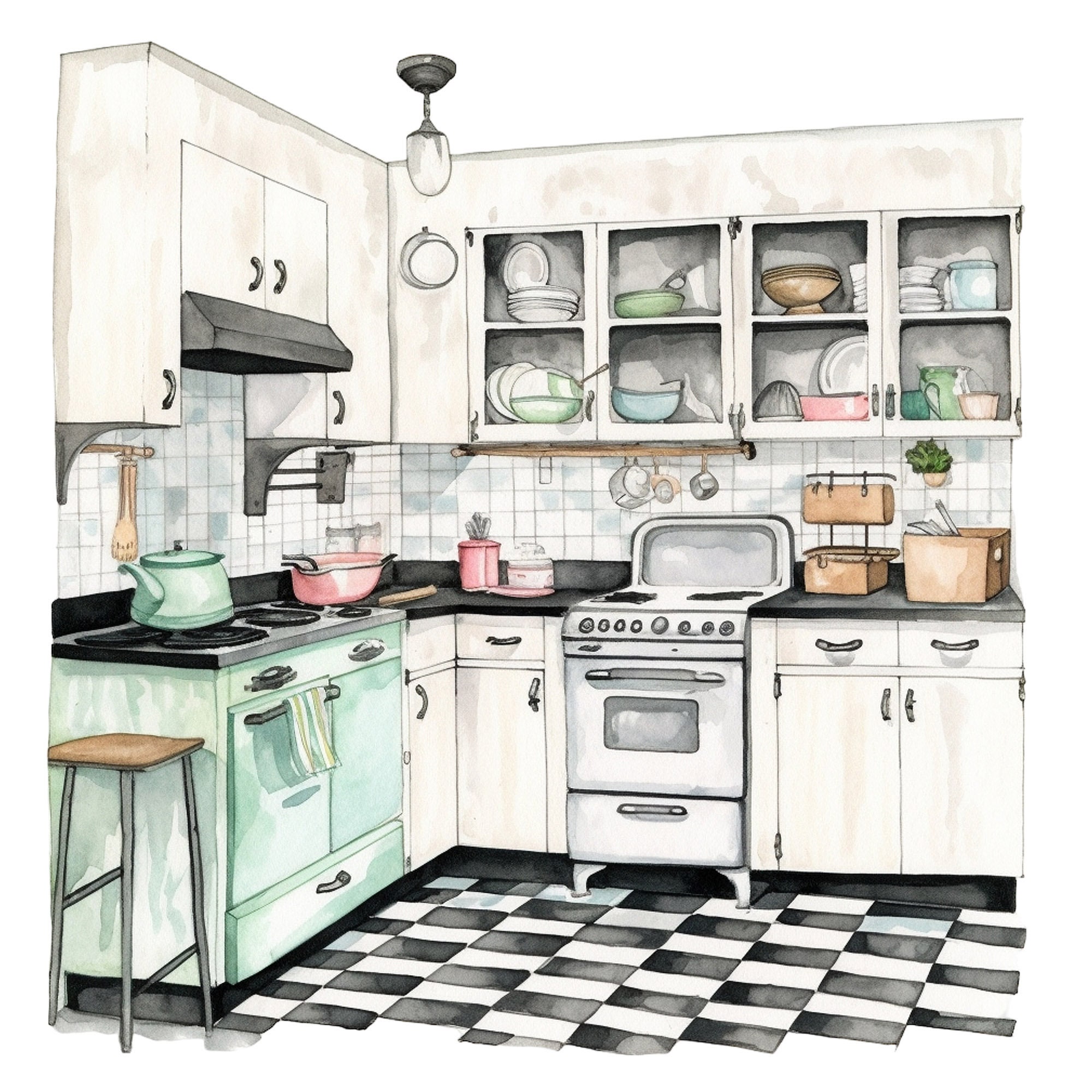 10 Cute Retro Kitchen Clipart Watercolor Graphics Digital Download PNG ...